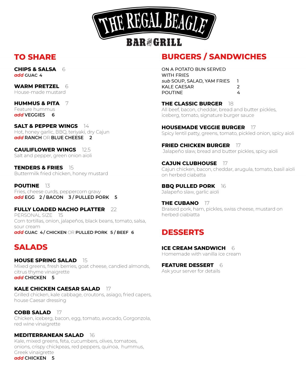 temporary menu – The Regal Beagle Bar & Grill